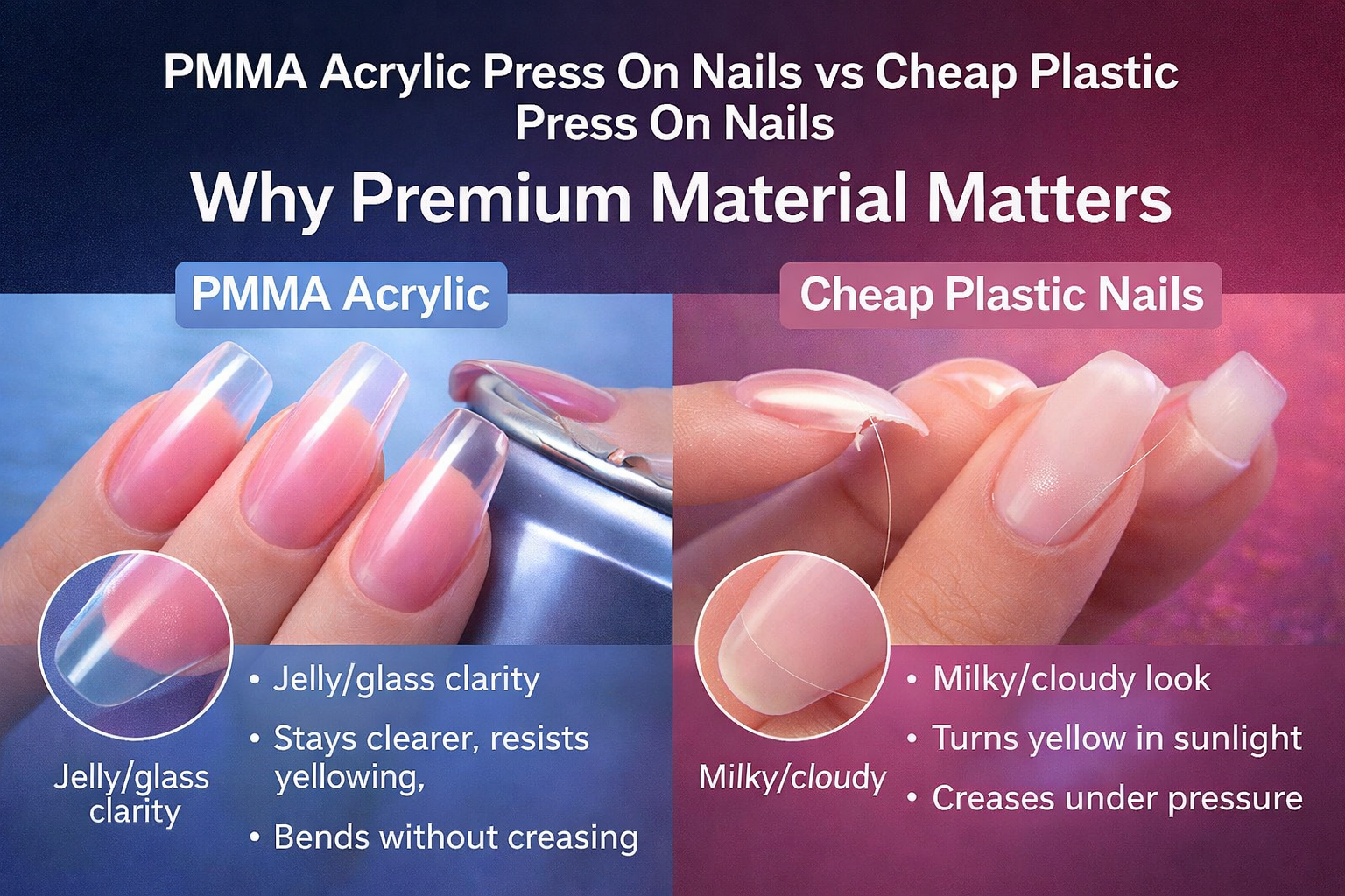 PMMA Acrylic Press On Nails vs Cheap Plastic Press On Nails. Why Premi ...